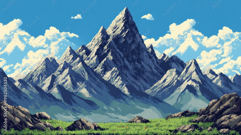 Pixelated mountain landscape for a seamless background, featuring ...