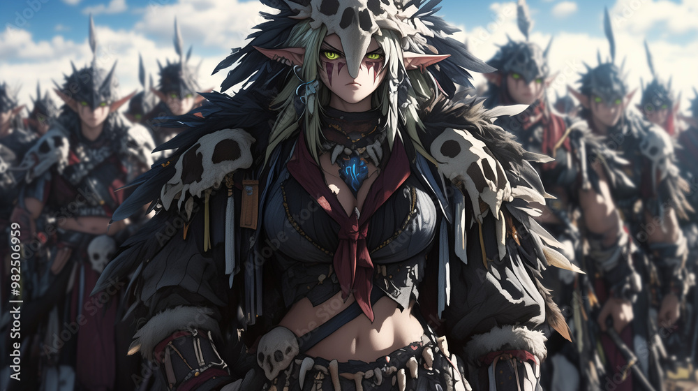 wild elf female leading her army dressed in bone armor under a bright ...