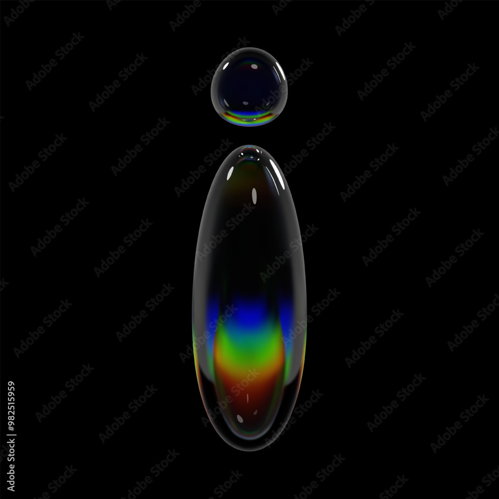3d holographic glass letter I with glossy, shiny surface in inflated ...