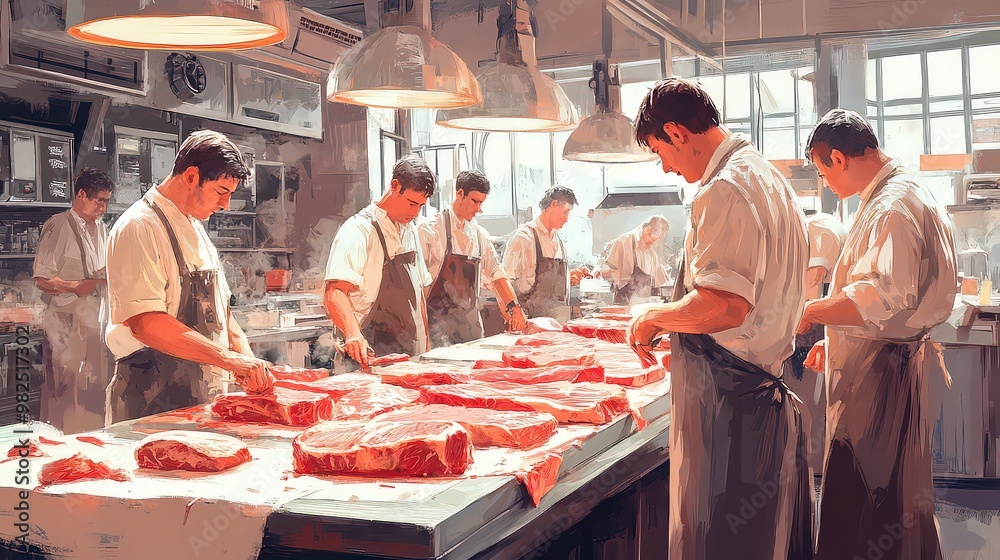 Butchers work diligently to cut and prepare various meat cuts in a busy ...