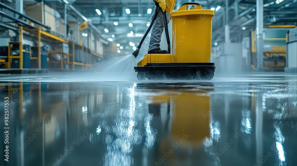 powerful industrial floor cleaner polishes a shiny factory floor ...