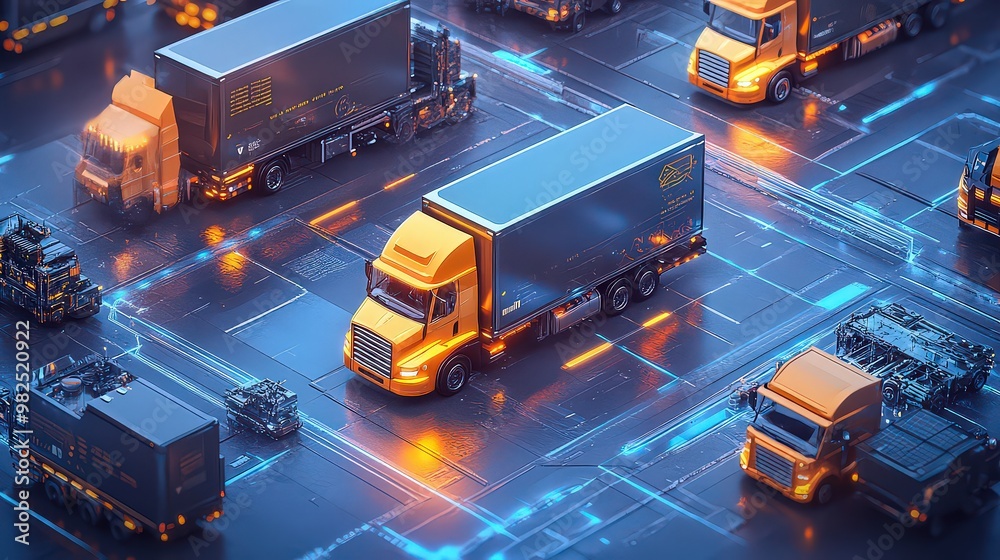 Fleet of yellow trucks driving along a high-tech, illuminated grid ...