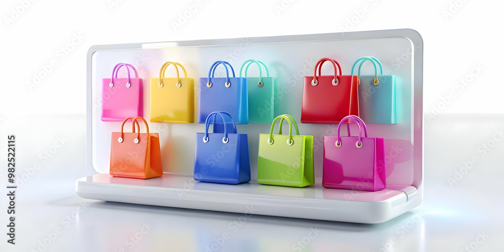 3D Glossy Shopping Bag Display with Floating Coupon Codes on Vibrant ...