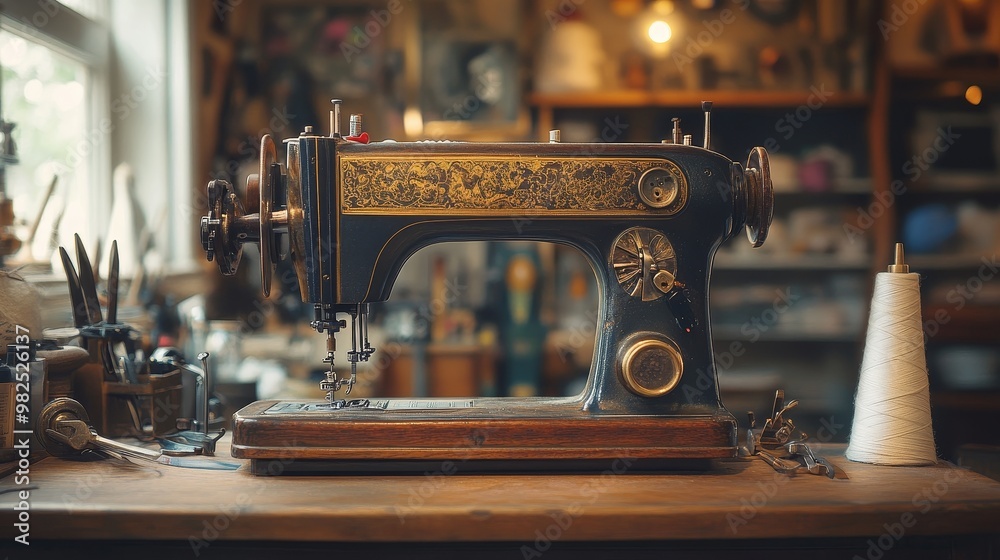 Modern sewing machines are placed side by side with other sewing tools ...