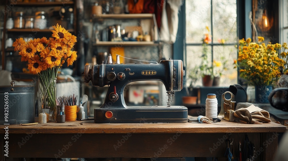 Modern sewing machines are placed side by side with other sewing tools ...
