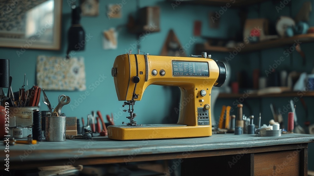 Modern sewing machines are placed side by side with other sewing tools ...