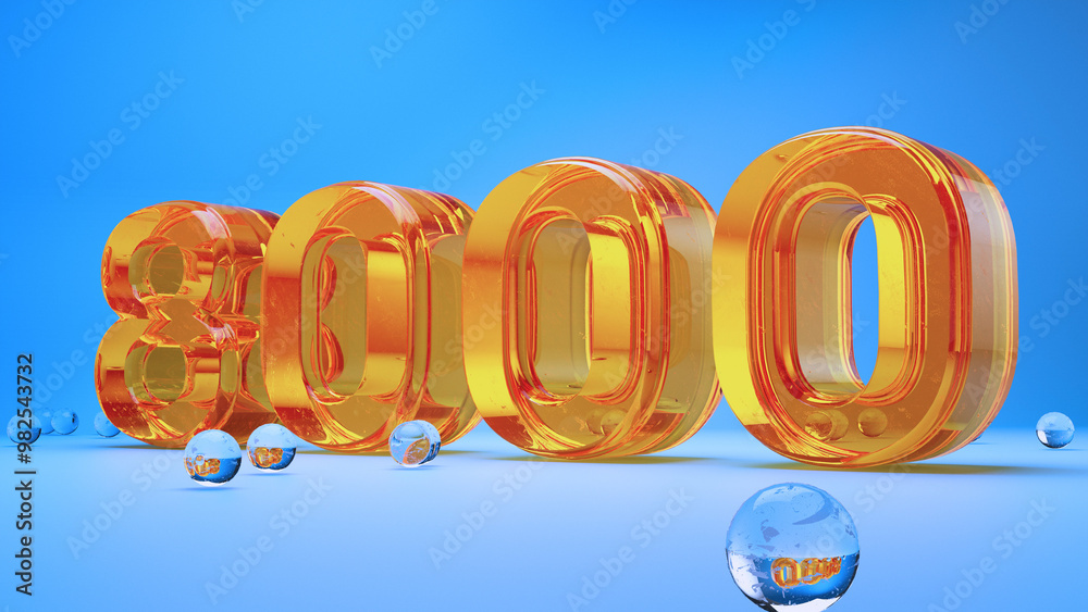 Bright orange glass numbers forming '8000' with reflective spheres, set ...