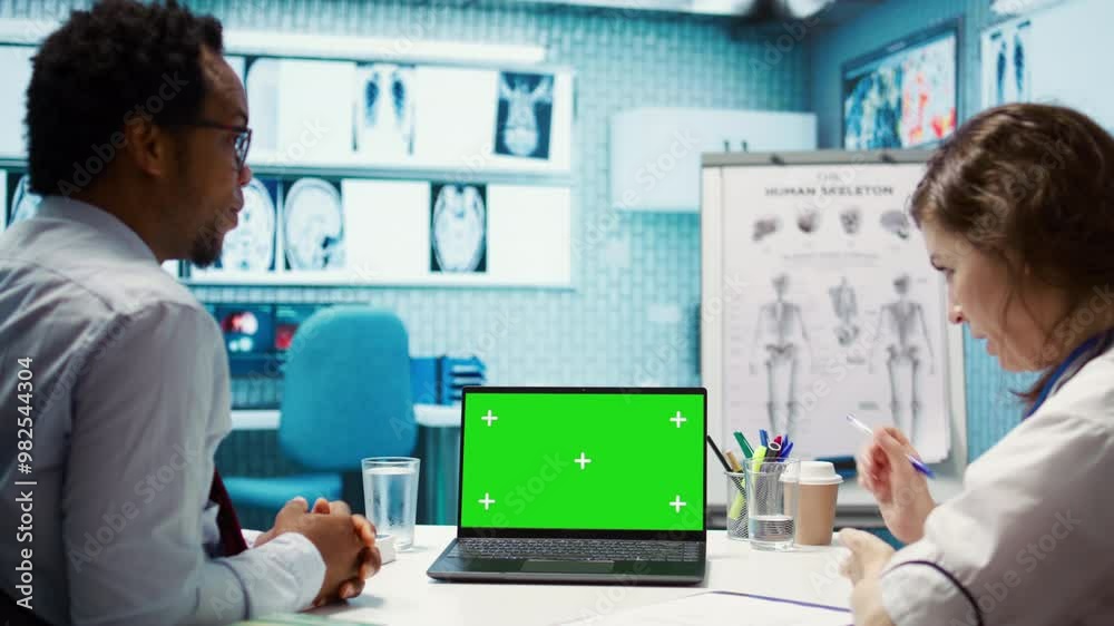 Medical expert pointing at isolated chroma key display in cabinet ...