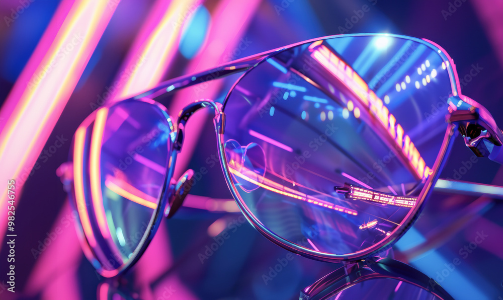 Reflective sunglasses capture the brilliance of neon lights, combining ...