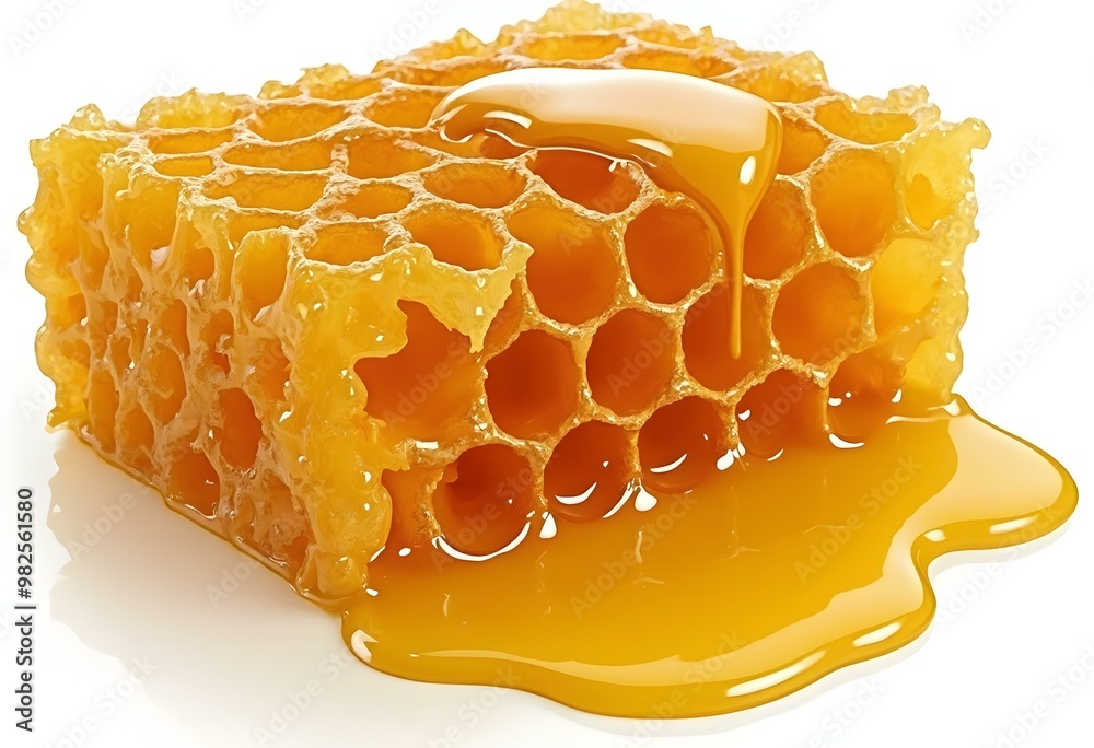 A rich, golden section of honeycomb dripping with fresh honey. The ...