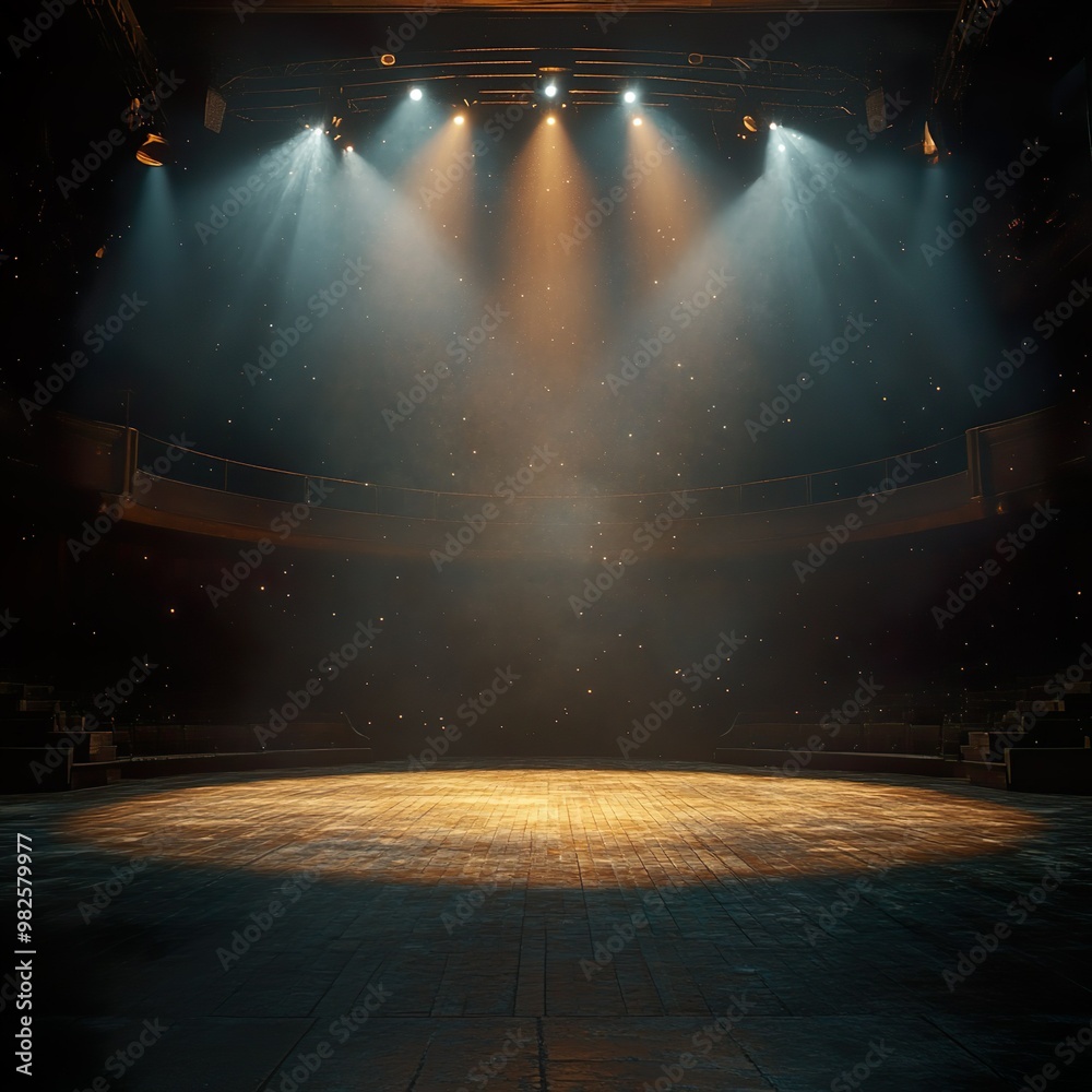 Dramatic lighting with single spotlight on empty center stage creating ...