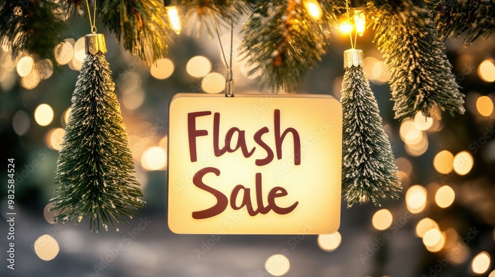 Flash Sale sign with bold glowing letters hanging from a Christmas tree ...