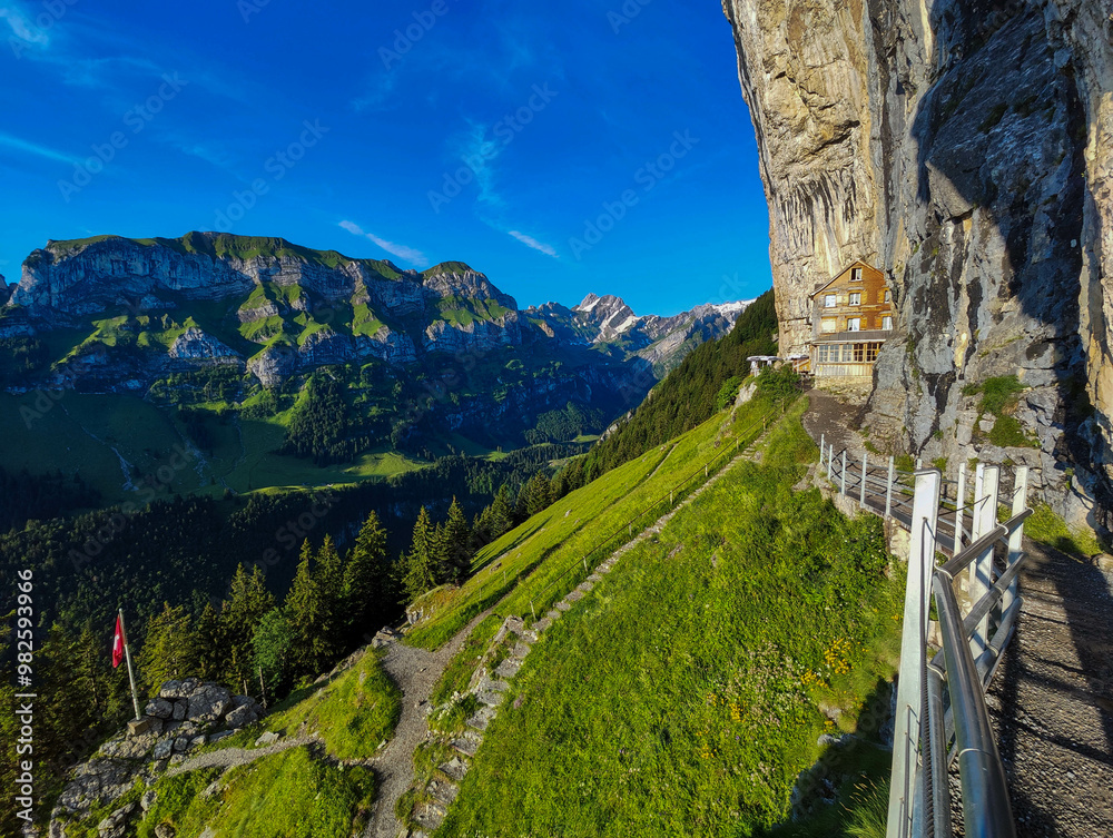 View at the famous mountain guesthouse Aescher at Ebenalp in the Swiss ...
