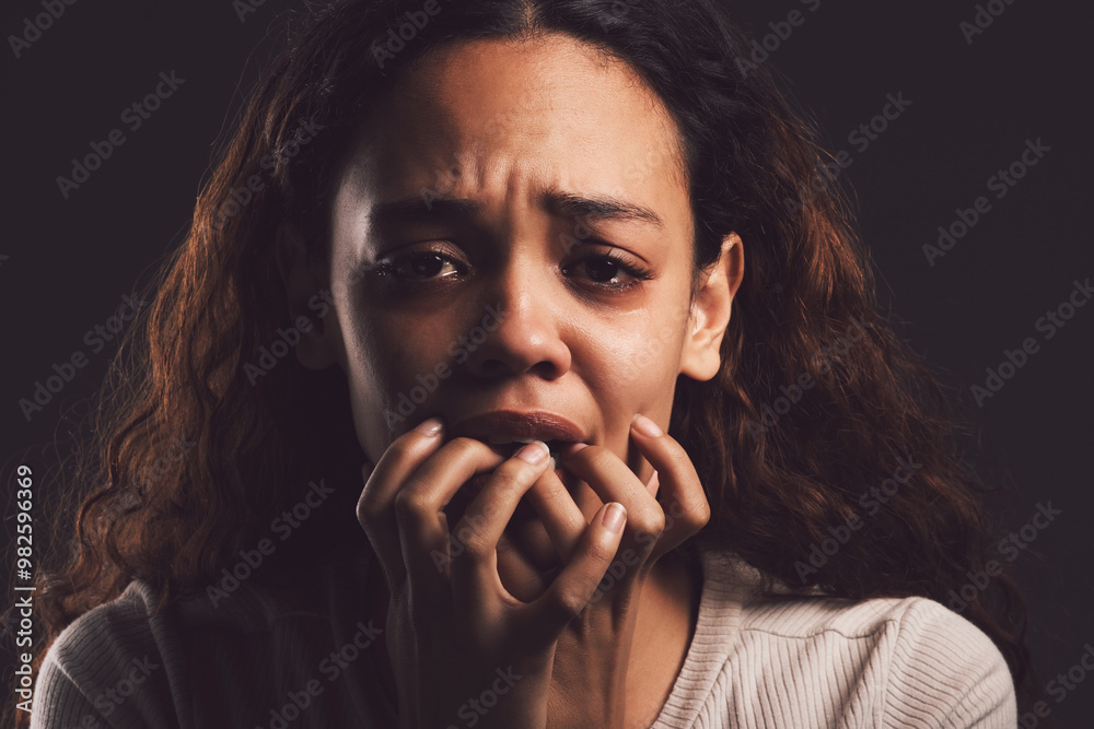 Sad woman, portrait or fear with trauma for abuse, anxiety or stress in ...