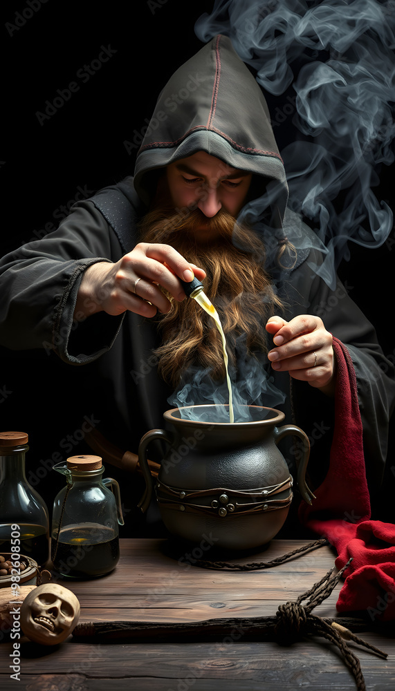 medieval alchemist preparing magic potion while adding ingredient into ...