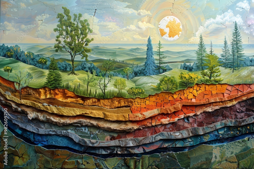Vibrant landscape illustrating the Earth's cross-section with exposed ...