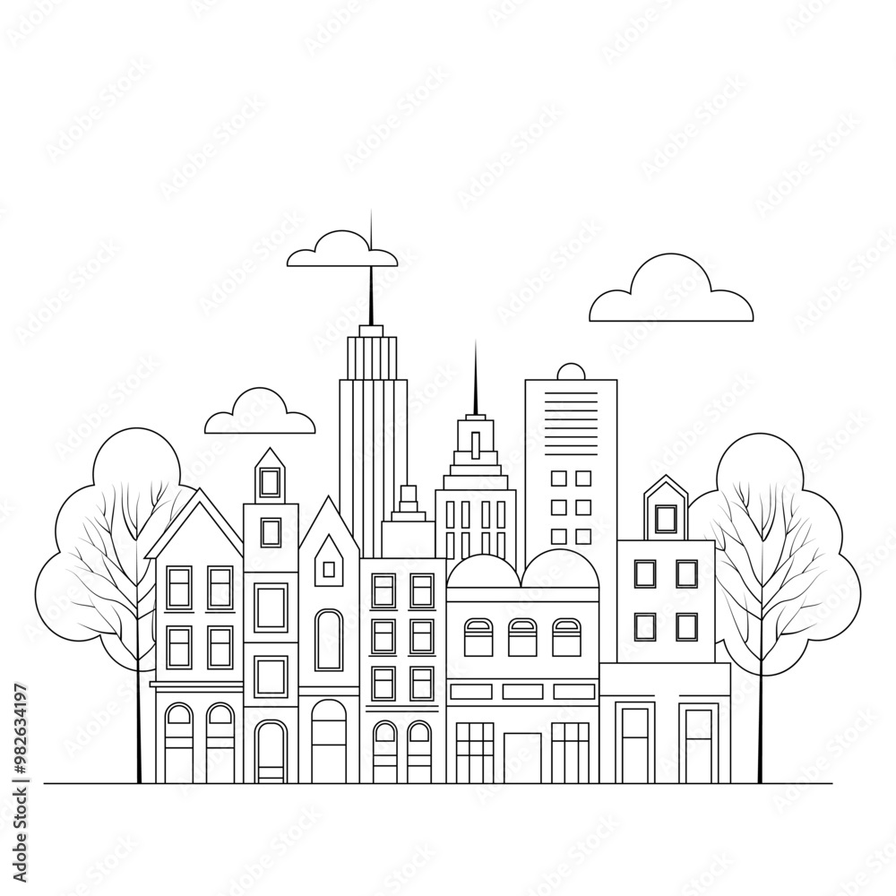 Outline Illustration in a simple, minimal geometric style - a cityscape ...