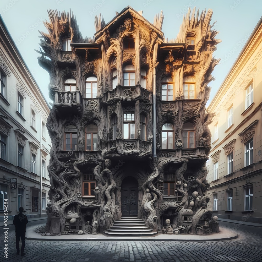 Frontal view of an old house carved to form a tree trunk, and the house ...