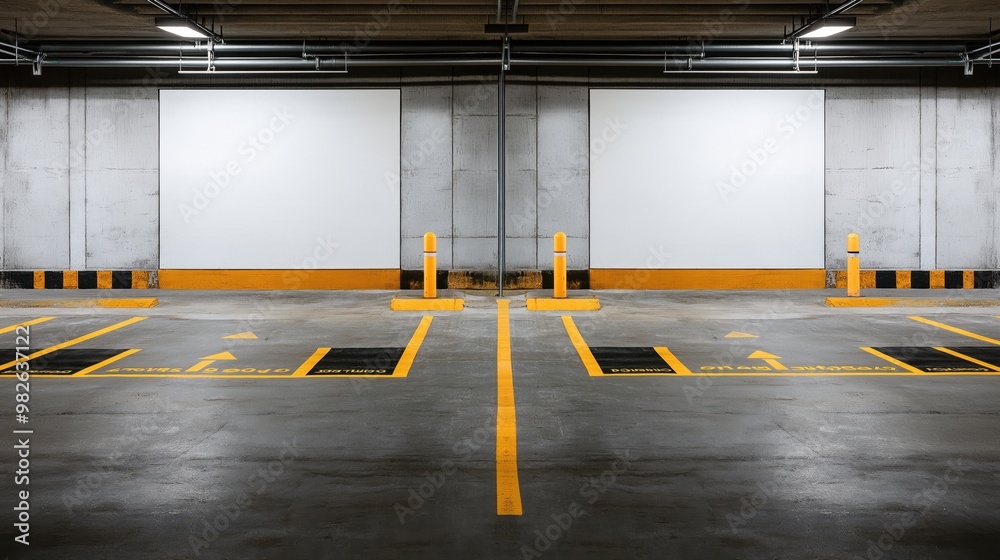 Underground parking garage with empty parking spaces, yellow marking ...