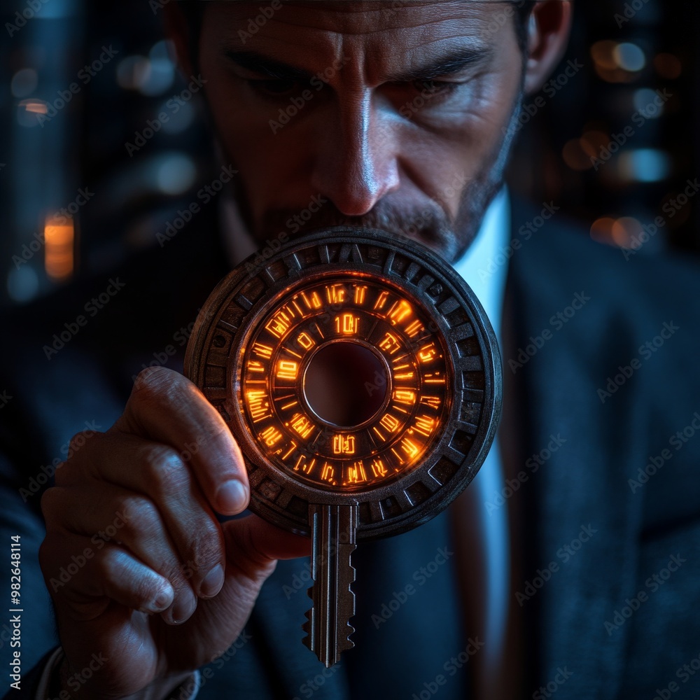 The Key to the Mystery: A man in a suit stares intensely at a glowing ...
