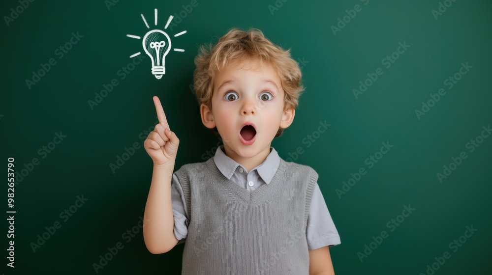 Curious child pointing upwards as a lightbulb icon appears ...