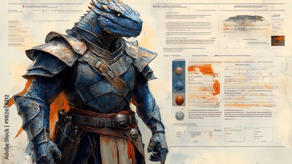 A humanoid lizard warrior stands prominently in front of technical ...