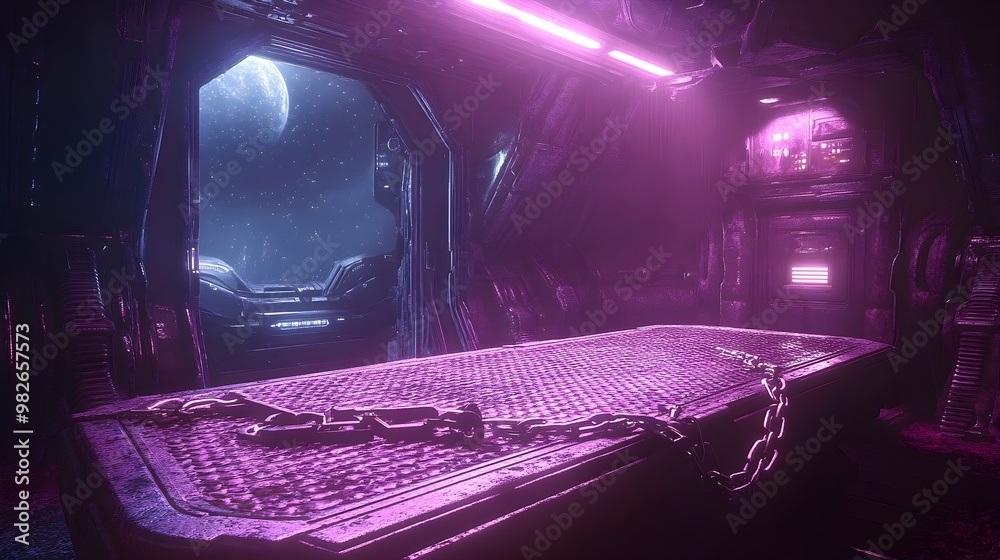 Alien handcuffed to a floating metal table in a neon-lit space station ...
