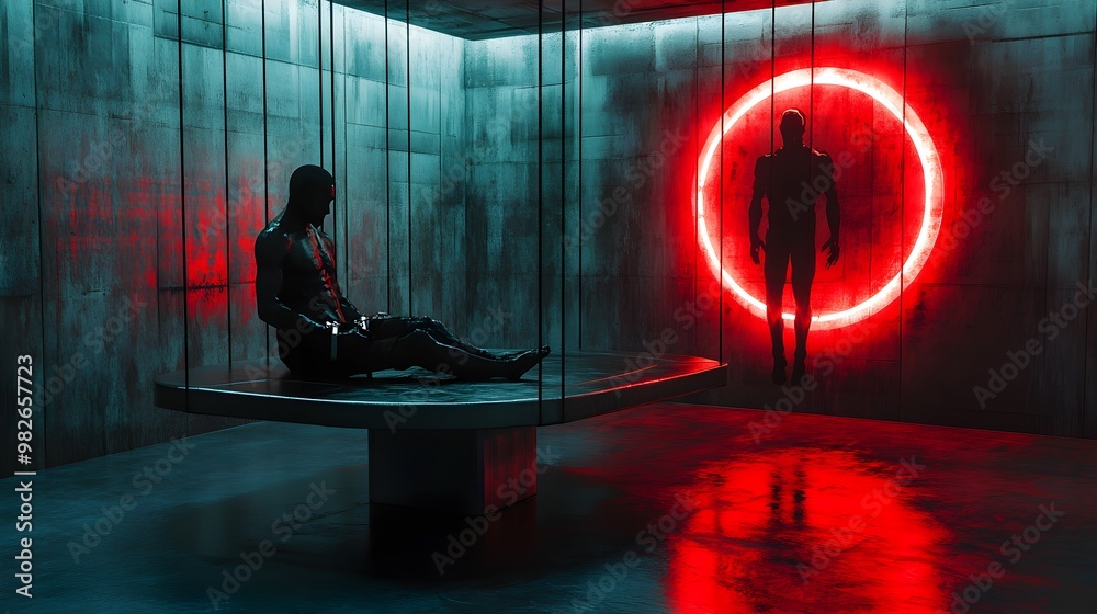 Alien suspect handcuffed to a floating metal table in a futuristic ...