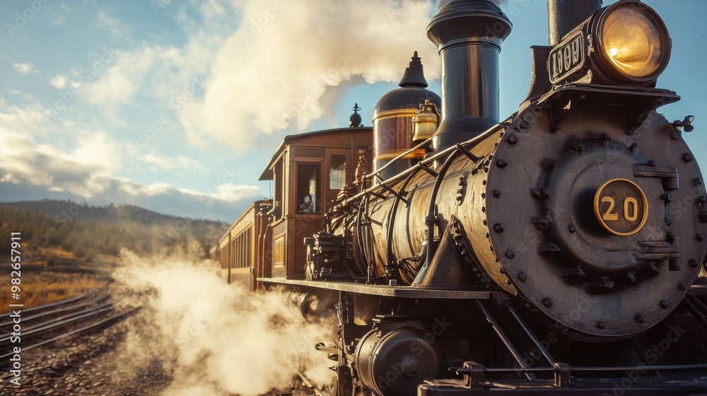 A close-up of a historic steam train in the Old West, with intricate ...