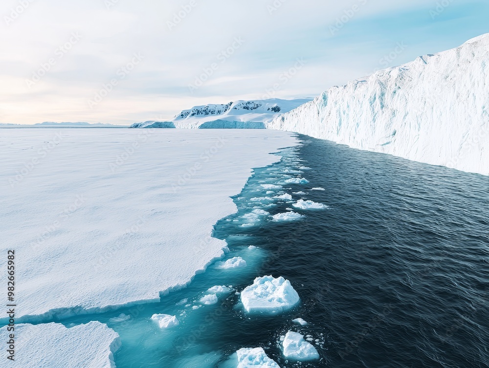 Melting polar ice caps with rising ocean waves approaching a coastline, a visual link between ...