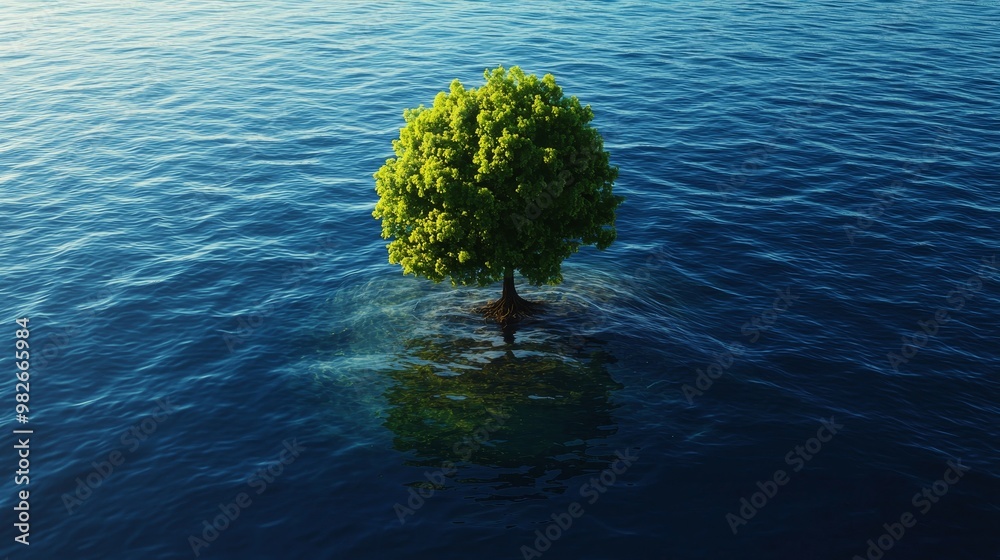 Small island nearly submerged by rising water, a lone tree standing as ...