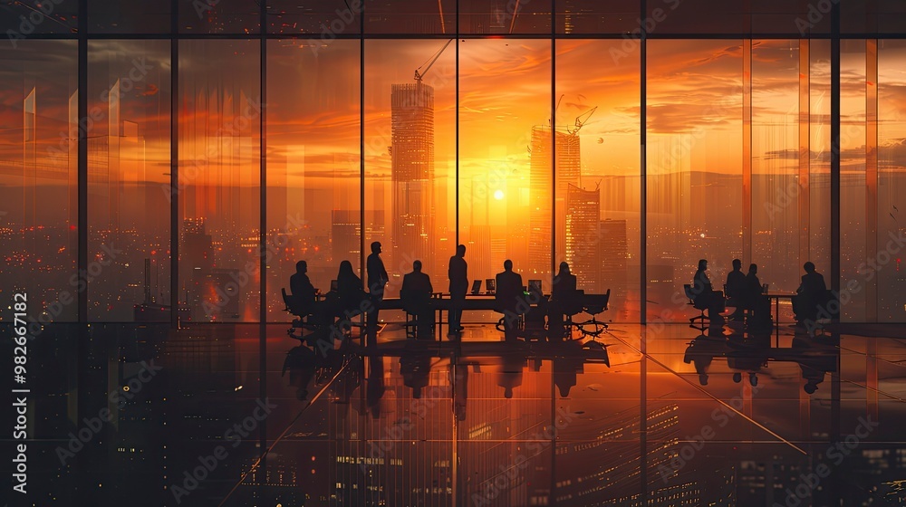 A group of project managers in a high-rise office, planning a major ...
