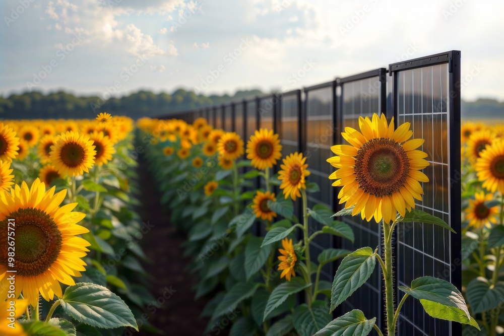 Sunflower solar farm. Rows of sunflowers growing alongside solar panel ...