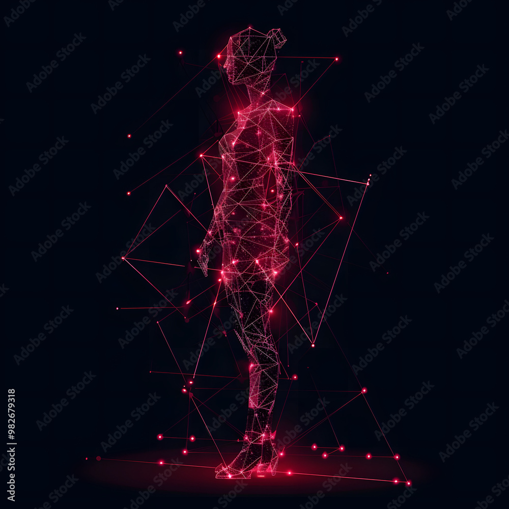 futuristic wireframe figure of a female adorned with neon highlights on ...