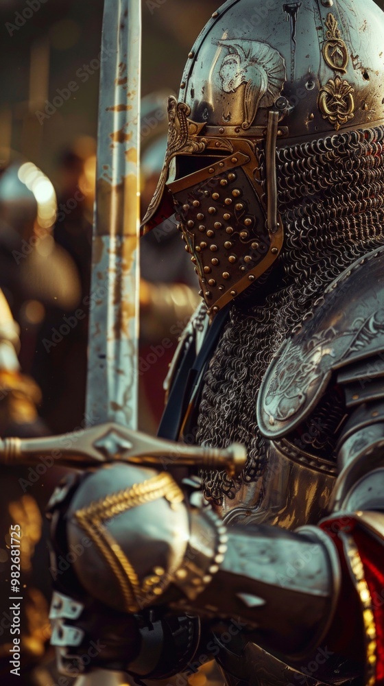 Image depicts a focused middle-aged knight in armor with a sword ...