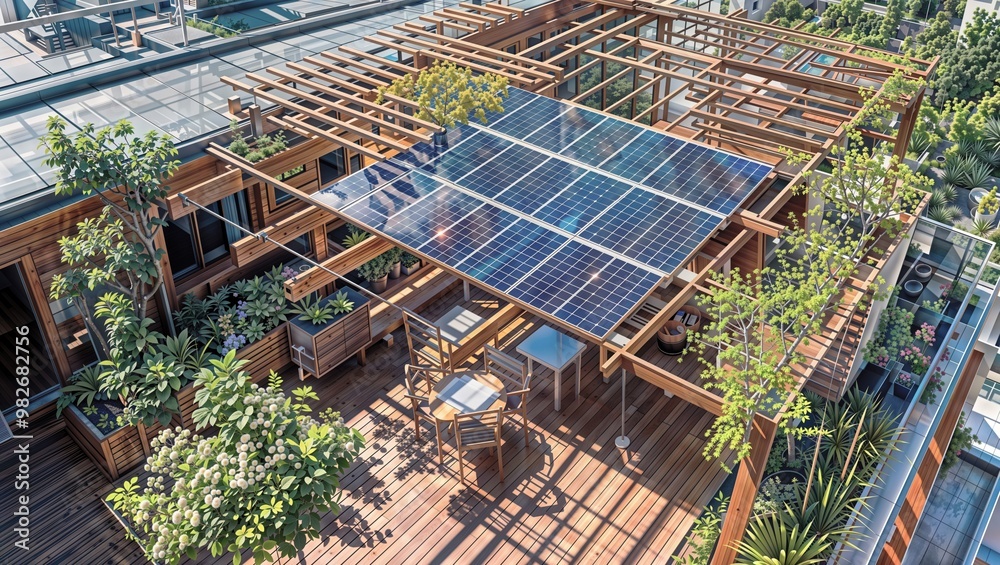 Solar Pergola Design. Modern rooftop terrace with solar panel pergola ...