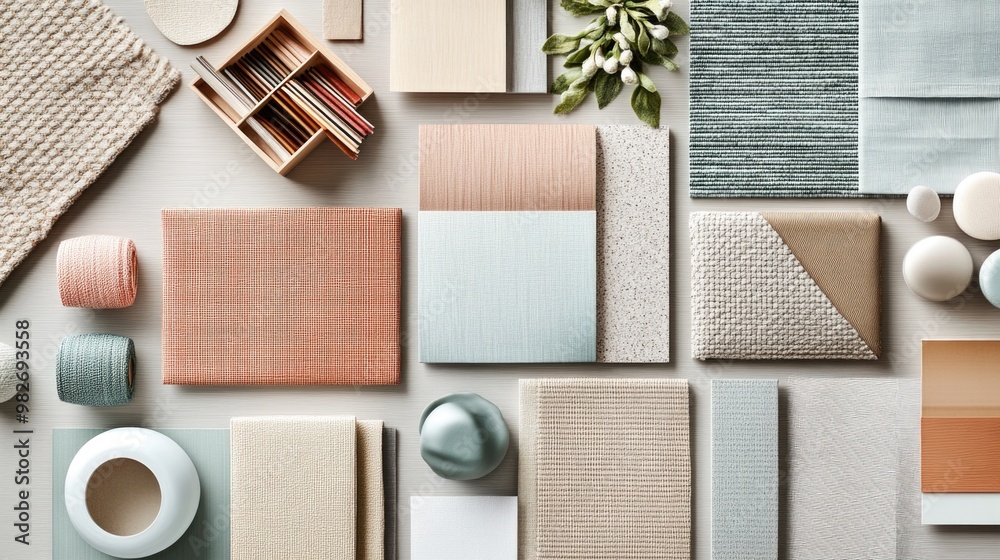 Modern flat lay composition in popular colors palette with textile and ...