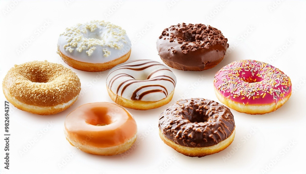 Collection of round donut doughnut, glazed frost nut set, side view on ...
