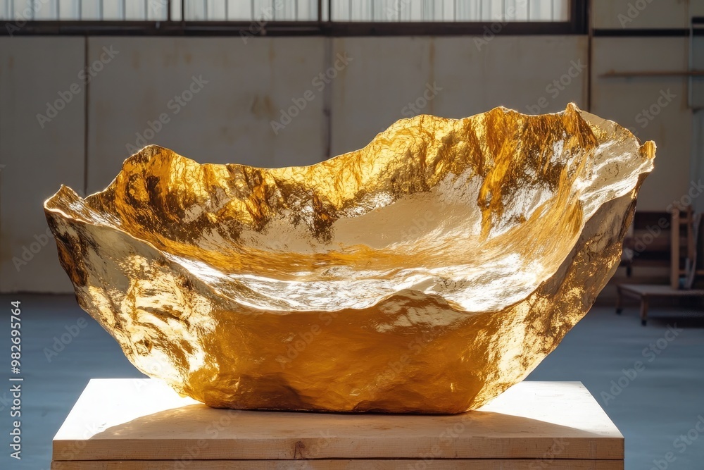 Gold leaf applied to a modern art sculpture, creating a luxurious and ...