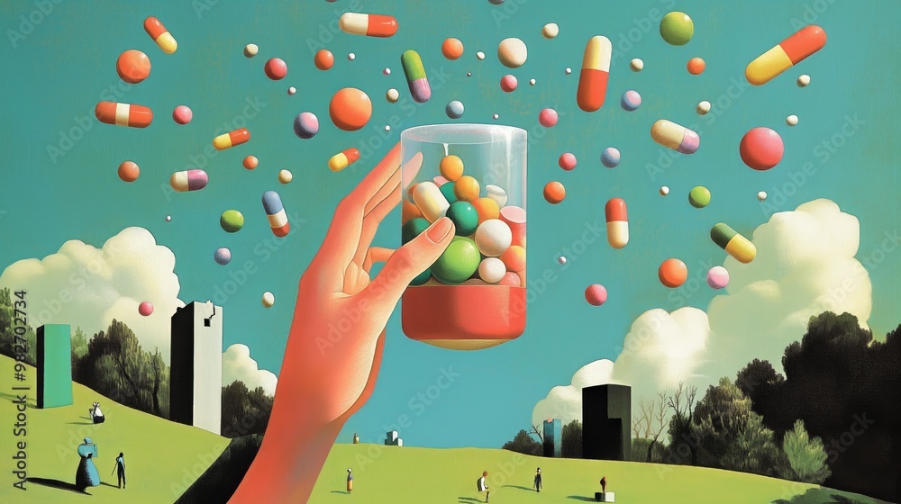 This graphic illustration portrays a giant hand dispensing an array of ...