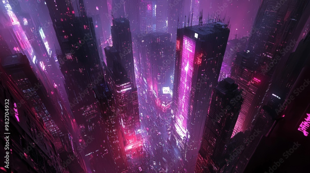Overhead view of a high-tech metropolis, the neon glow casting sharp ...