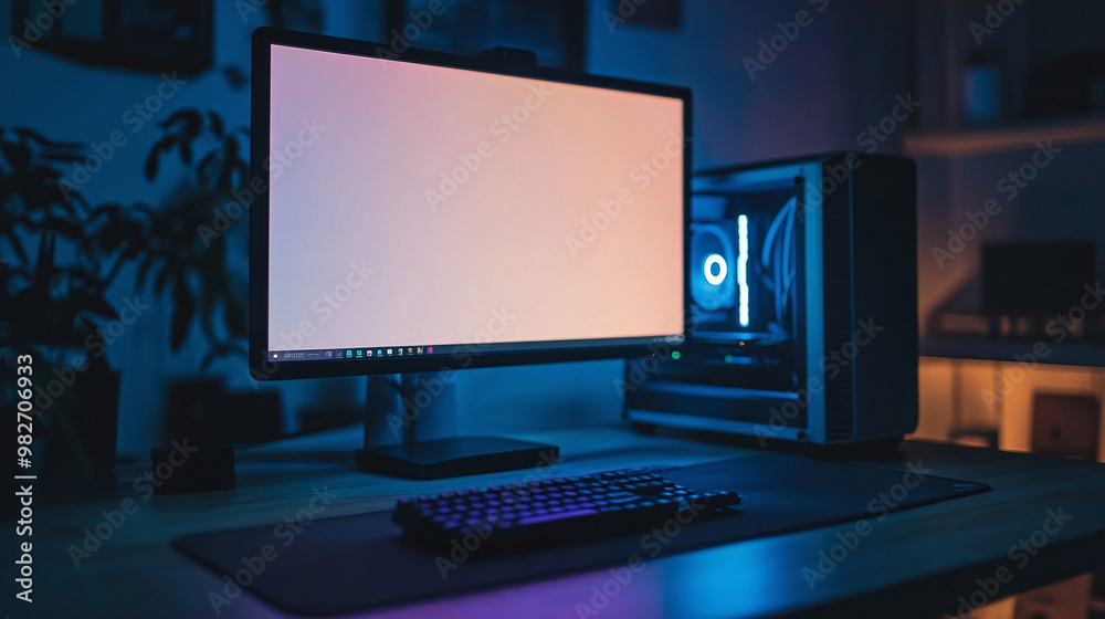 Gaming PC with dark screen and keyboard on the desk. Gaming PC with ...