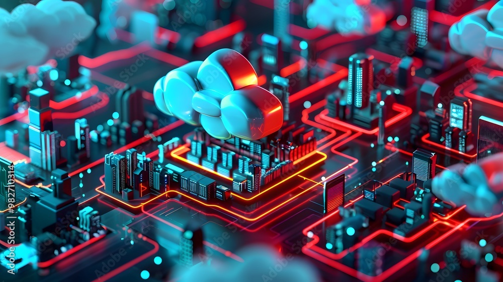 A digital landscape featuring cloud-shaped structures with ... A digital landscape featuring cloud-shaped structures with ...