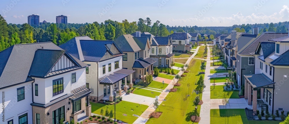 Aerial view suburban residential street with row of upscale two-story ...