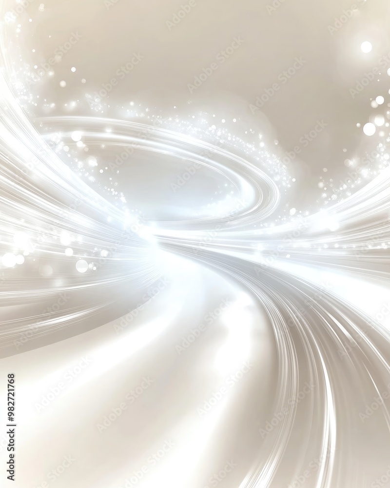 White blurred trail wave with circular silver light lines creating a ...