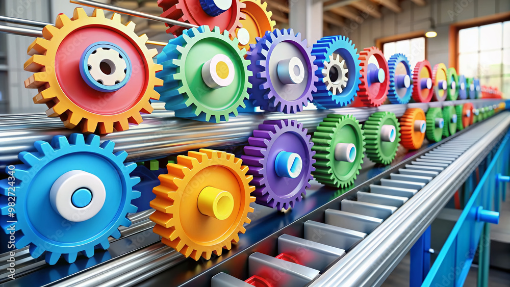 Colorful cartoon gears and cogs connect to a conveyor belt ...