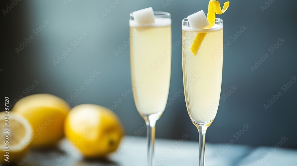 Depict a sophisticated champagne cocktail, with a sugar cube and a dash ...