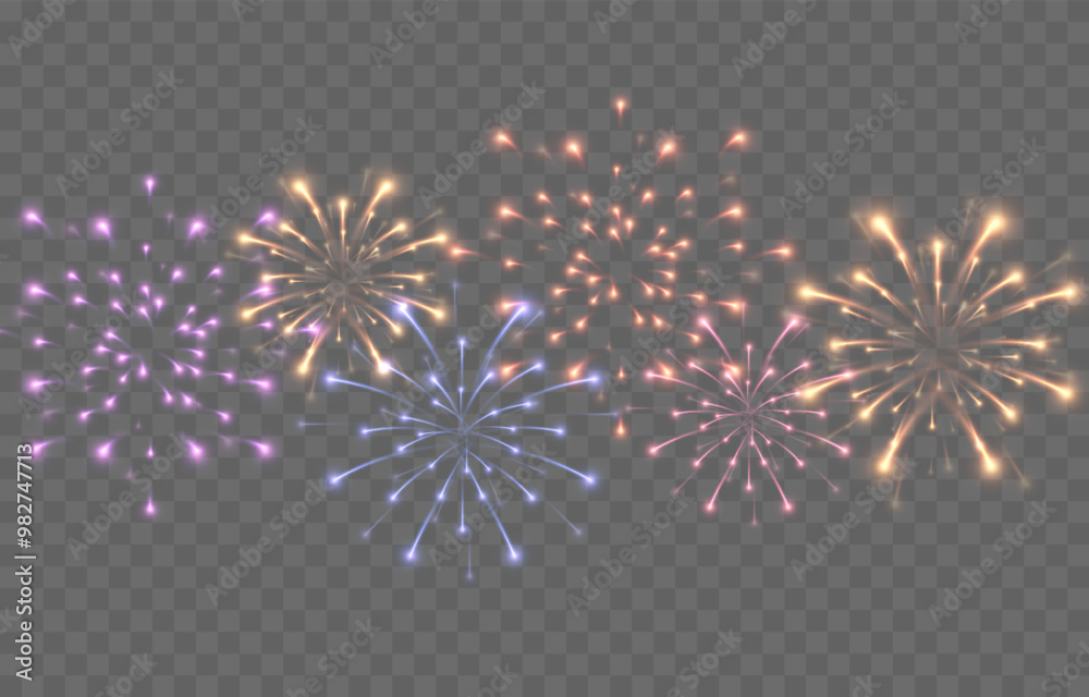 Vector fireworks. Multicolored fireworks on isolated transparent ...