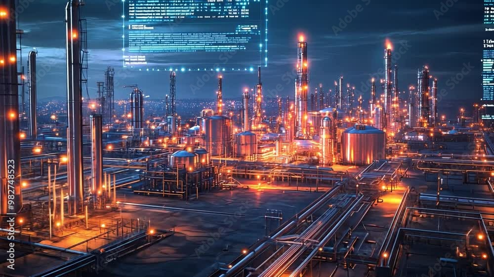 An infrastructure of a petrochemical plant featuring storage tanks ...