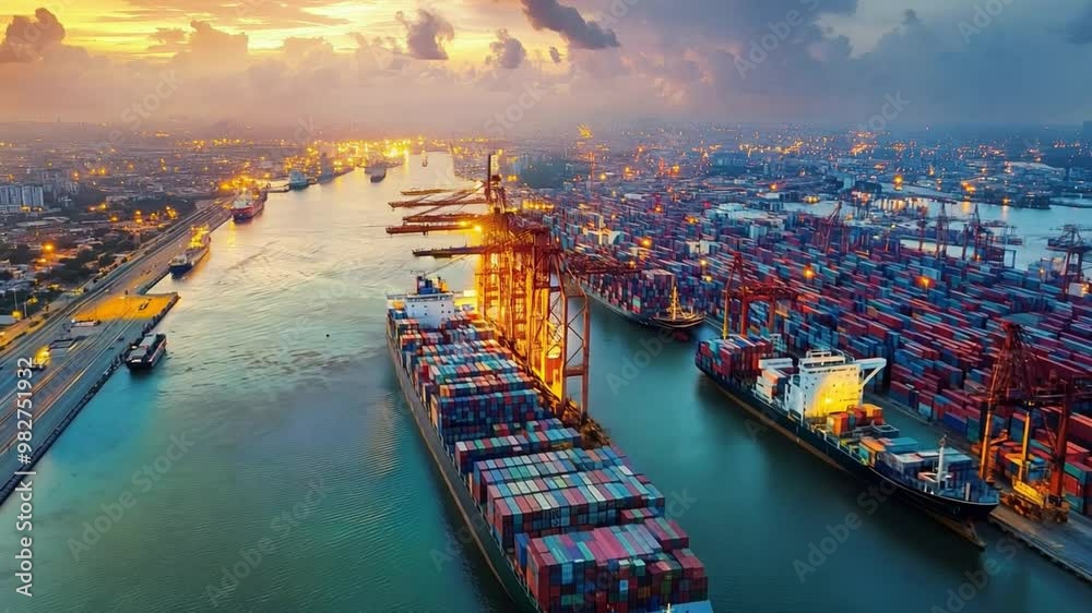 Aerial view of a major port with docks, cargo ships, and cranes ...